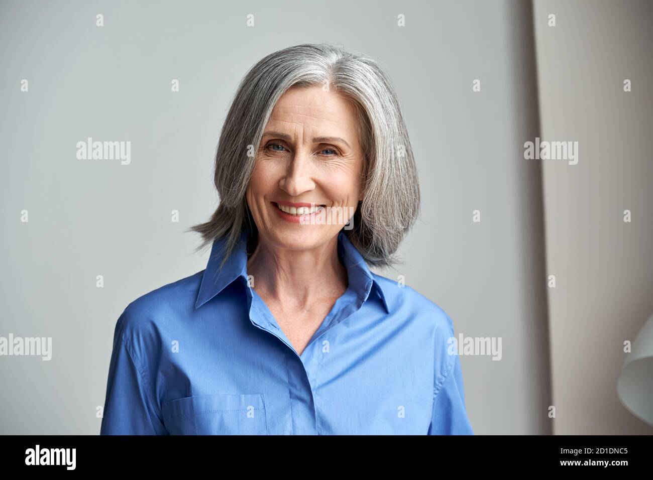 Smiling Sophisticated Mature Grey Haired Woman Headshot Portrait Stock