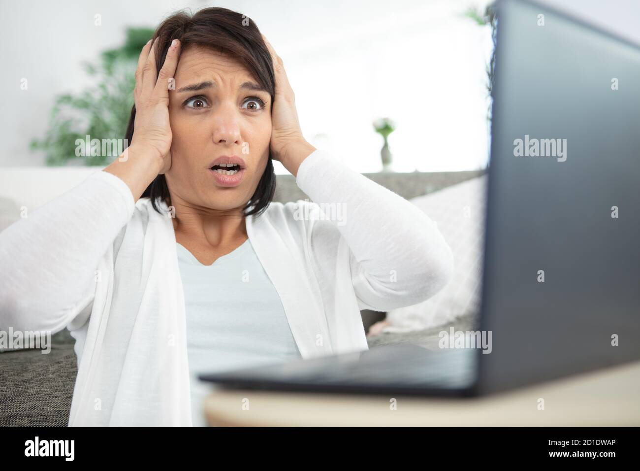 woman has suffered a technological disaster on her laptop Stock Photo ...