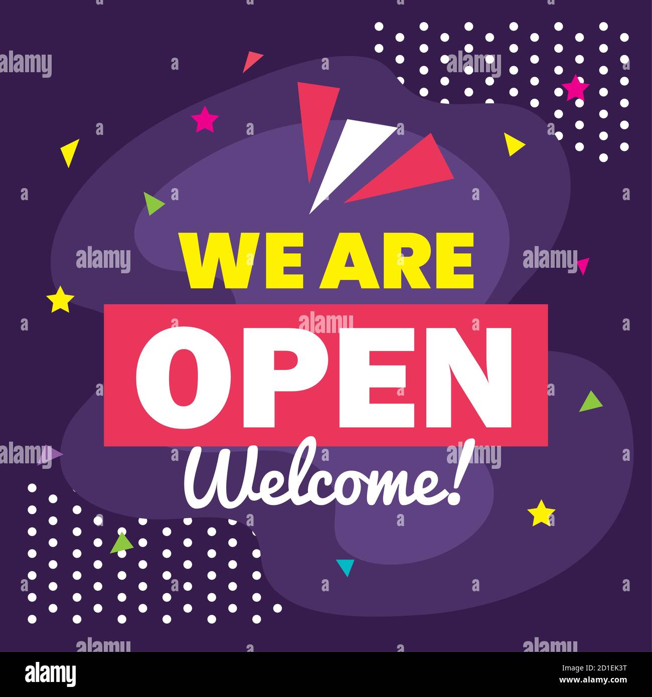 banner, lettering we are open welcome on purple background Stock Vector ...