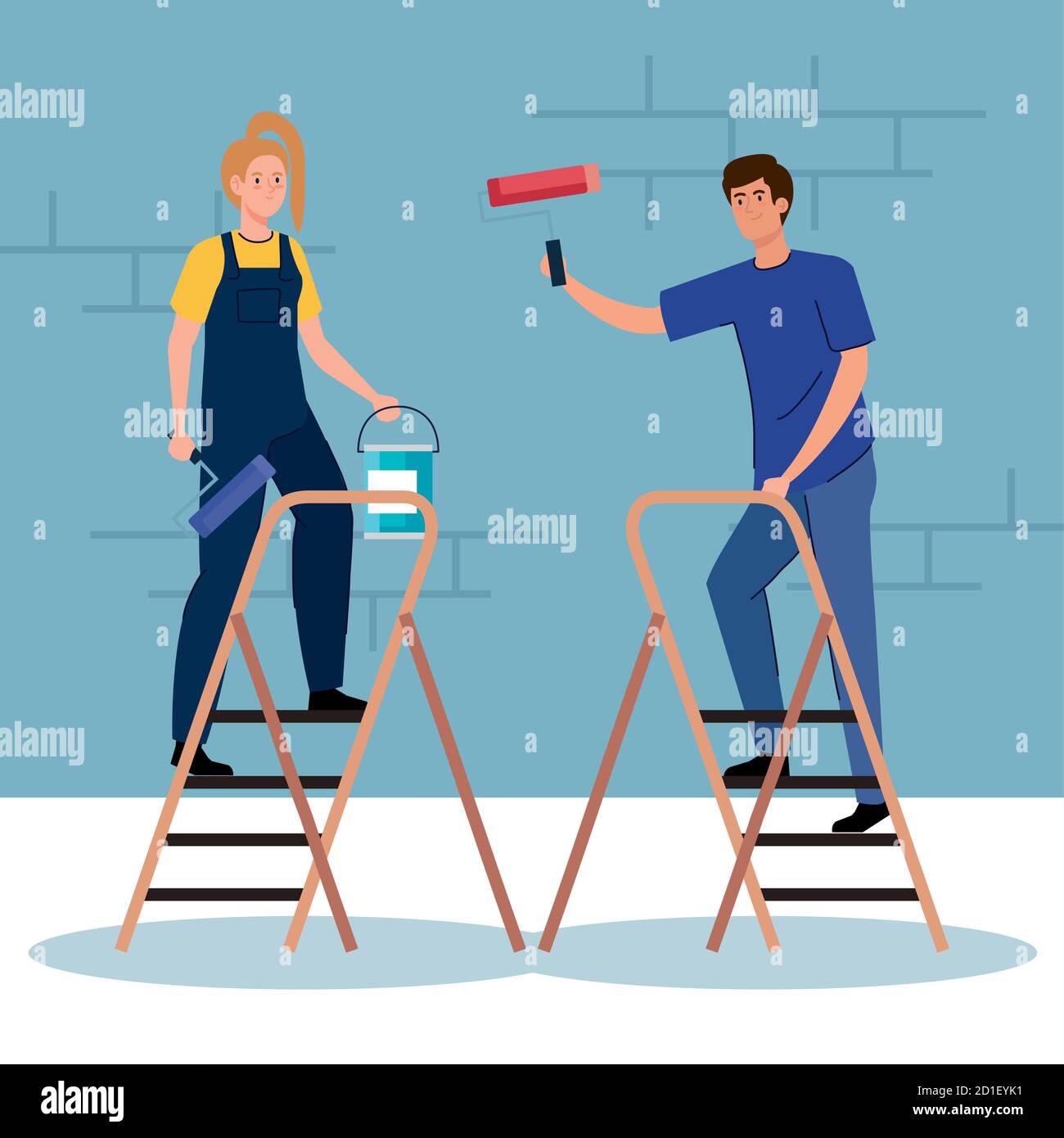 woman and man cartoons painting with roll bucket and ladder vector ...