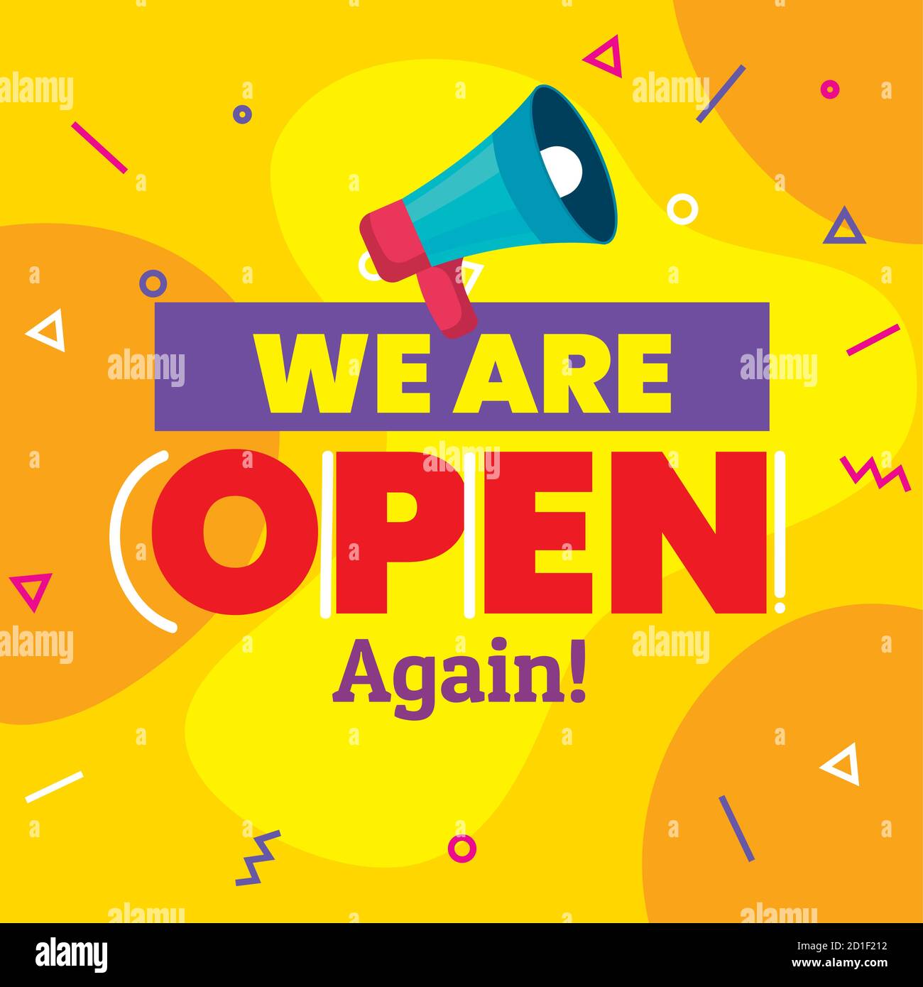 banner, lettering we are open again with megaphone on yellow background ...
