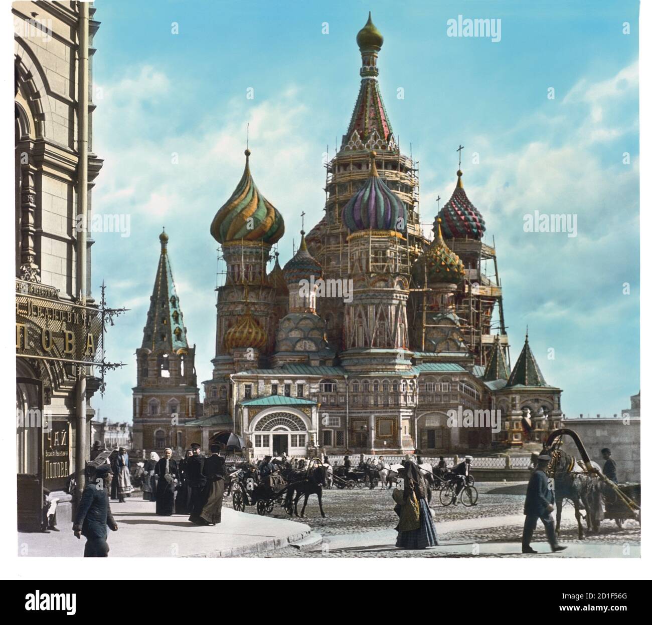 Colorized view of Saint Basil's Cathedral, partially enclosed in ...