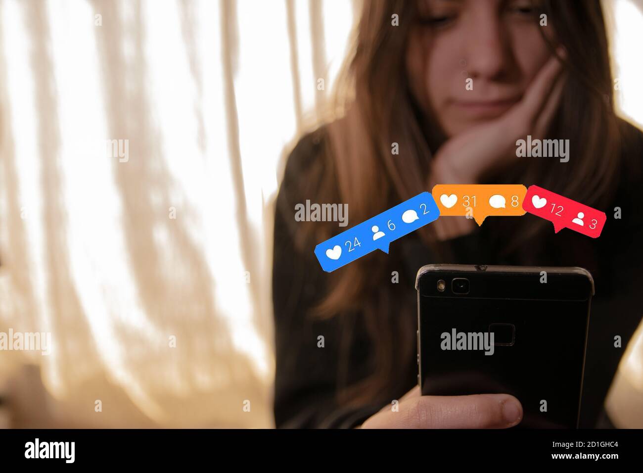 Young female receiving likes, messages, and requests on social media ...