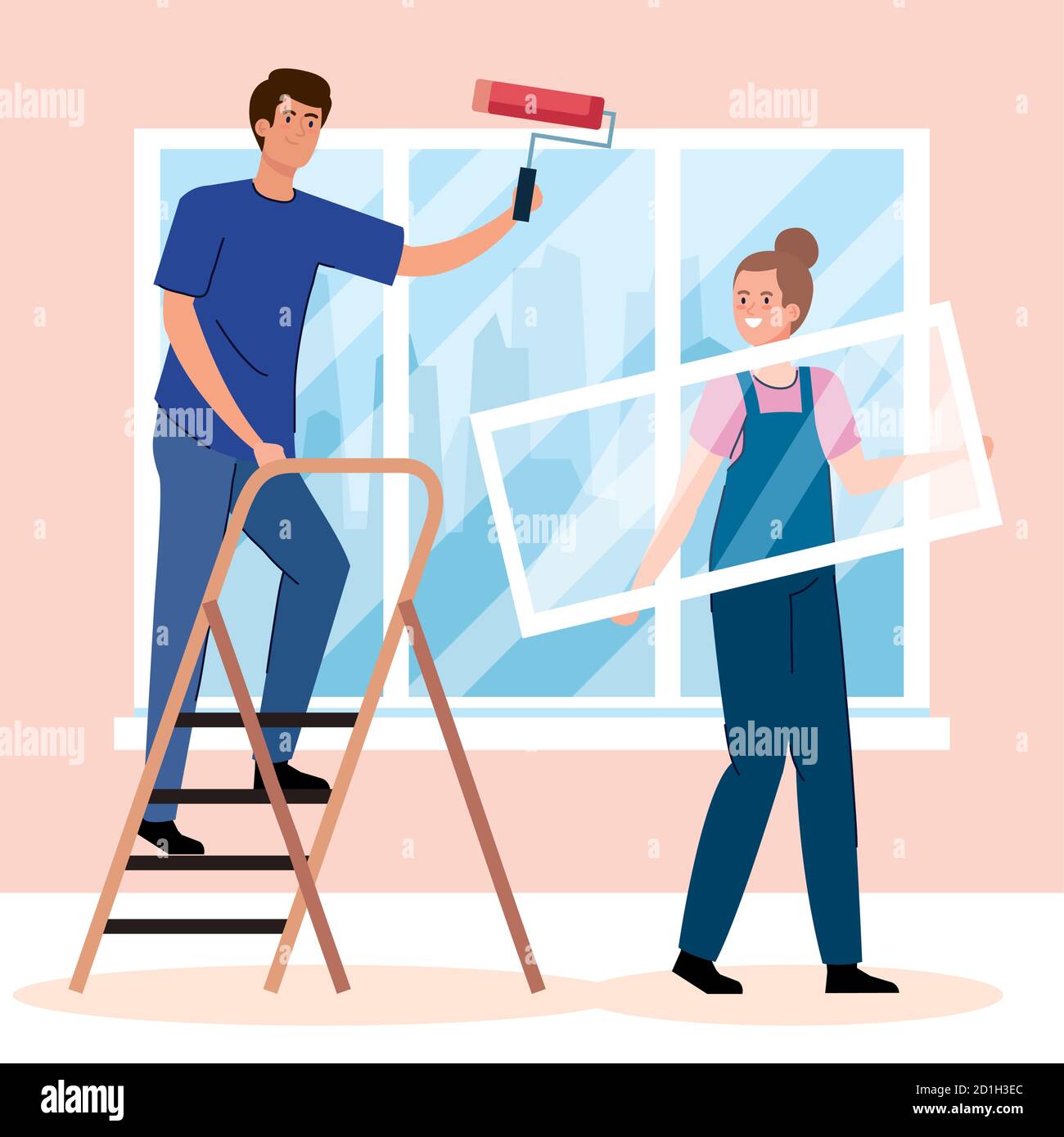 woman and man cartoons painting with roll and ladder vector design ...
