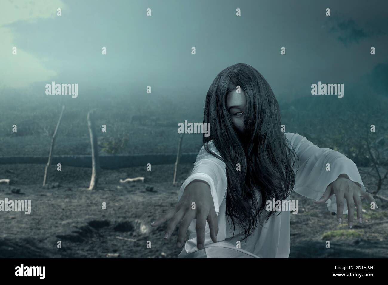 Scary ghost woman crawling with night scene background. Halloween ...