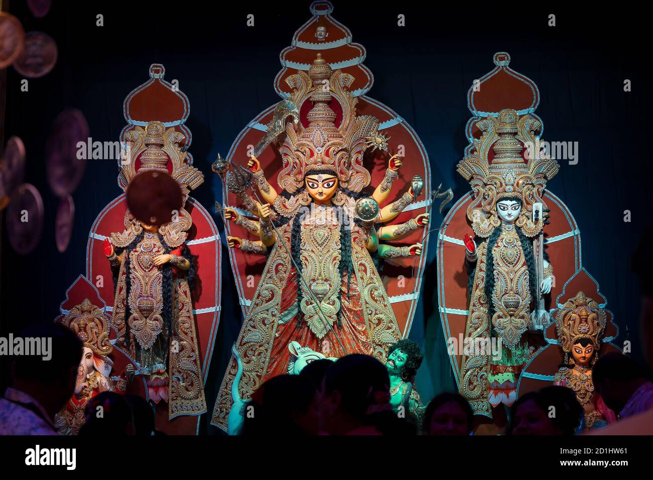 Decorated Durga Puja pandal with Goddess Durga family idol, Durga Puja ...