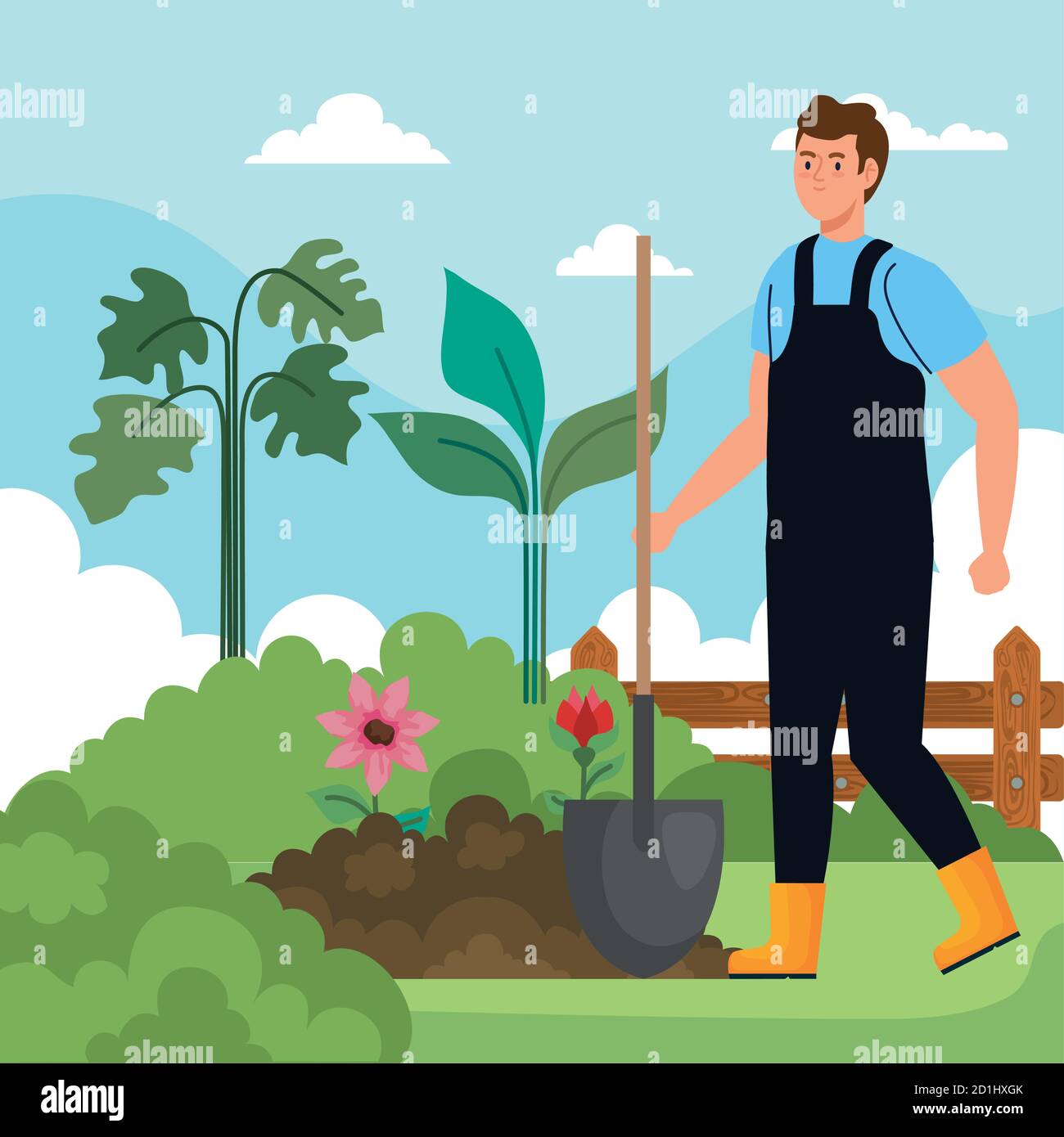 Gardening man with shovel and flowers vector design Stock Vector Image ...
