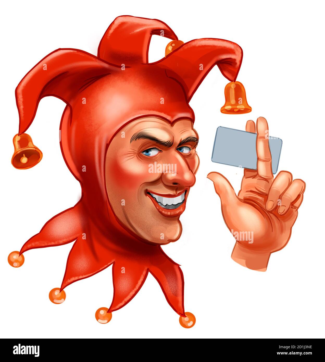 Laughing jester holding a playing card. Digital illustration Stock ...