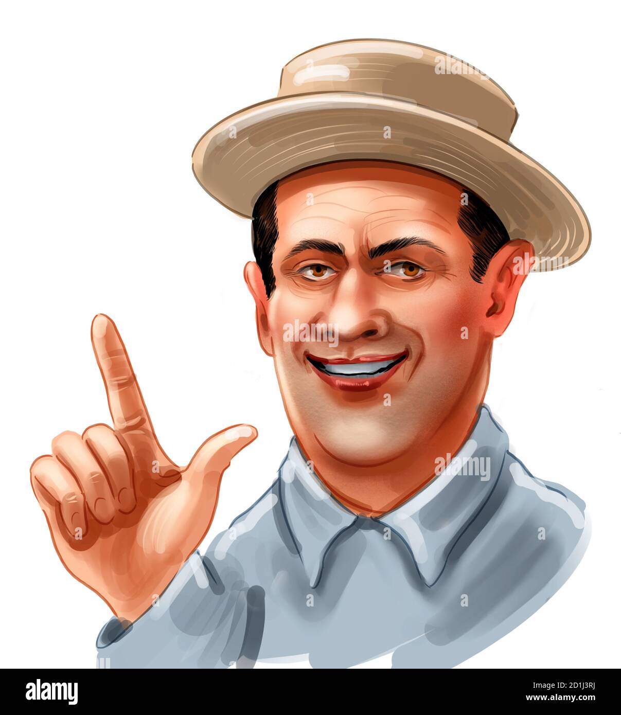 Happy smiling gentleman in hat pointing up. Digital illustration Stock ...