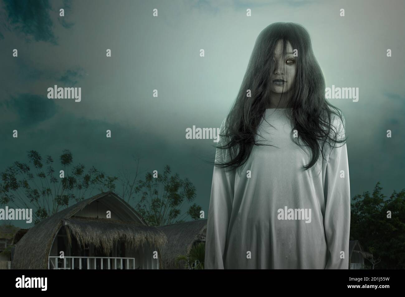 Scary ghost woman standing with night scene background. Halloween ...