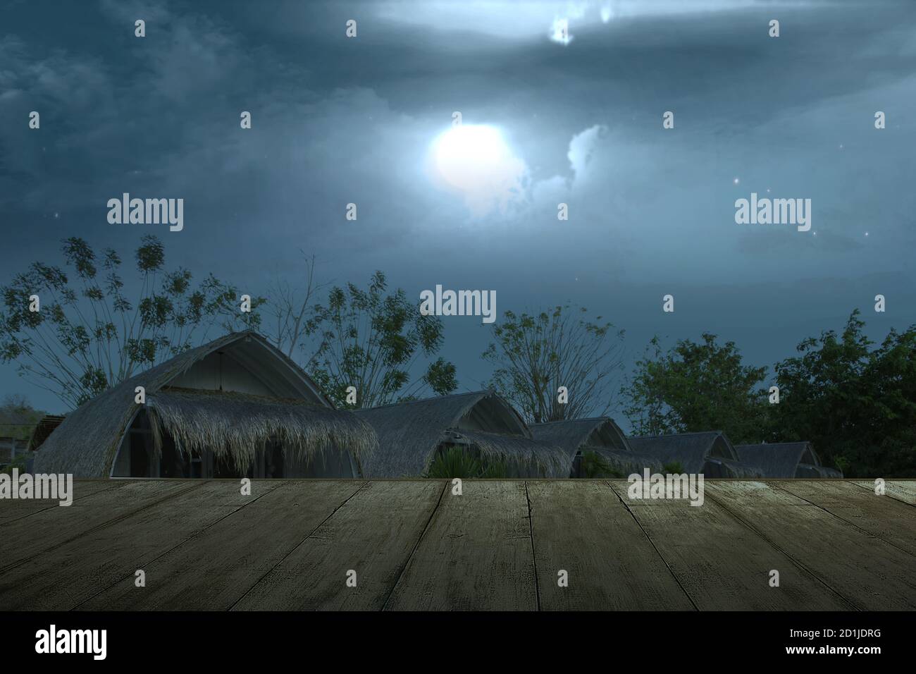Wooden table with spooky resort view with moonlight and night scene ...