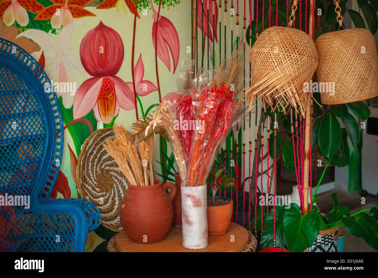 Display of rattan weaving product with colorful wall background Stock ...