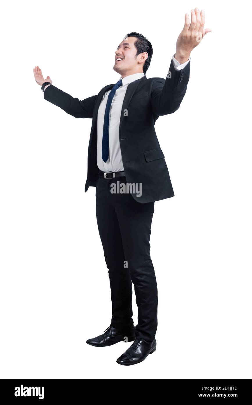 Rear view of Asian businessman showing empty hand isolated over white ... Rear view of Asian businessman showing empty hand isolated over white ...
