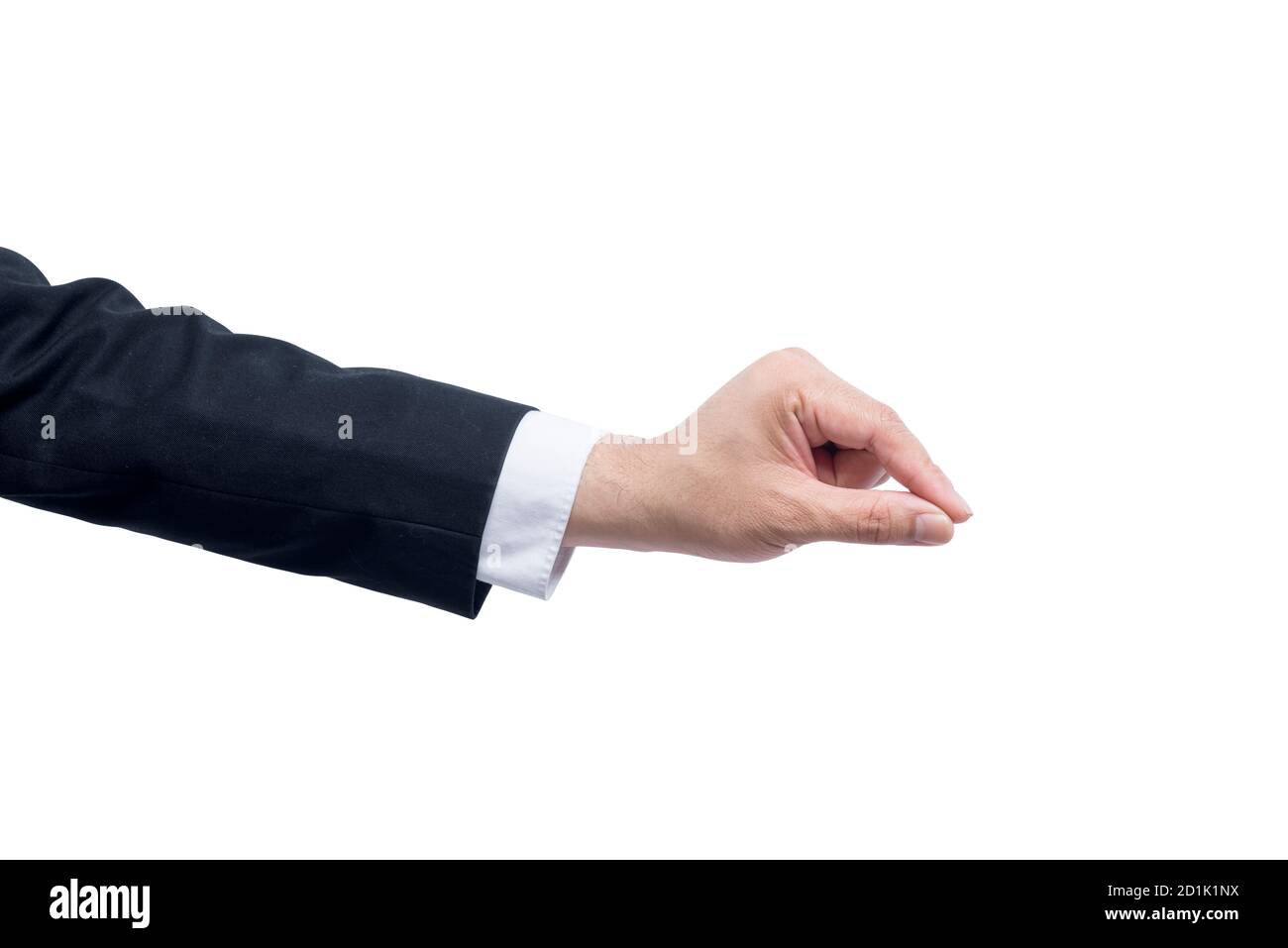 Businessman takes something with hand isolated over white background ...