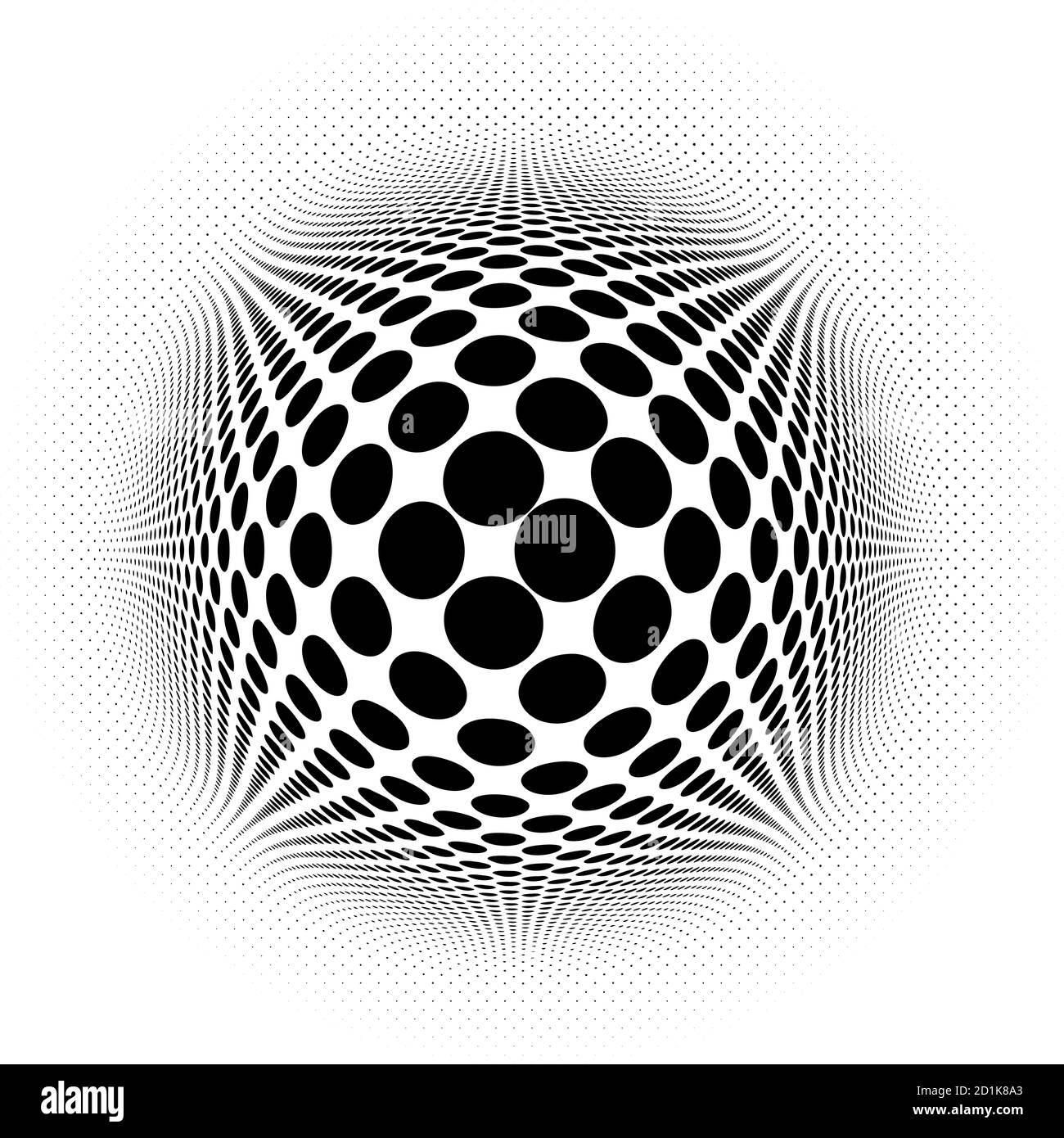 Spherical distortion halftone dots element. Orb, ball deform on bulge ...
