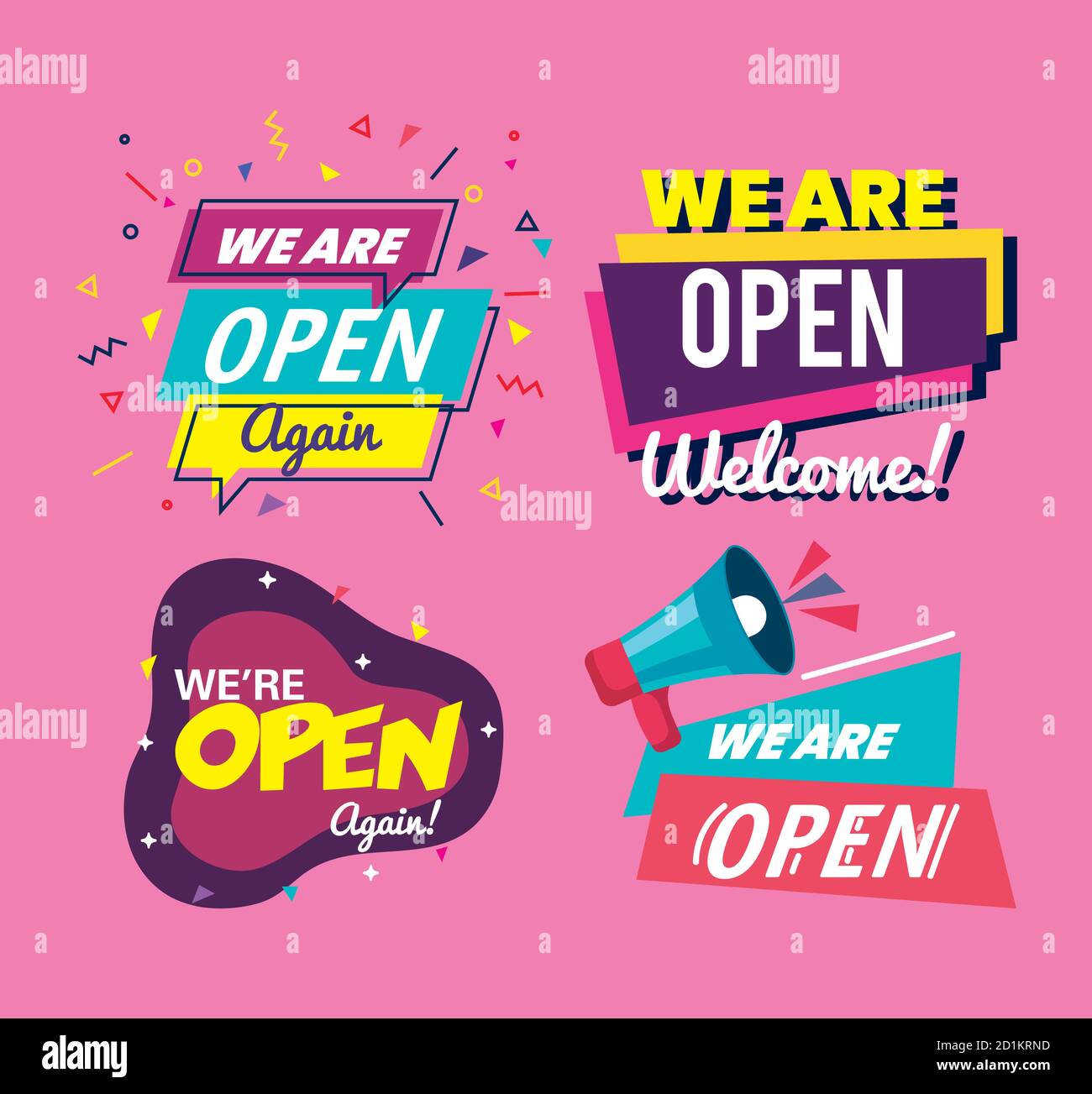 set banners of lettering we are open on pink background Stock Vector ...