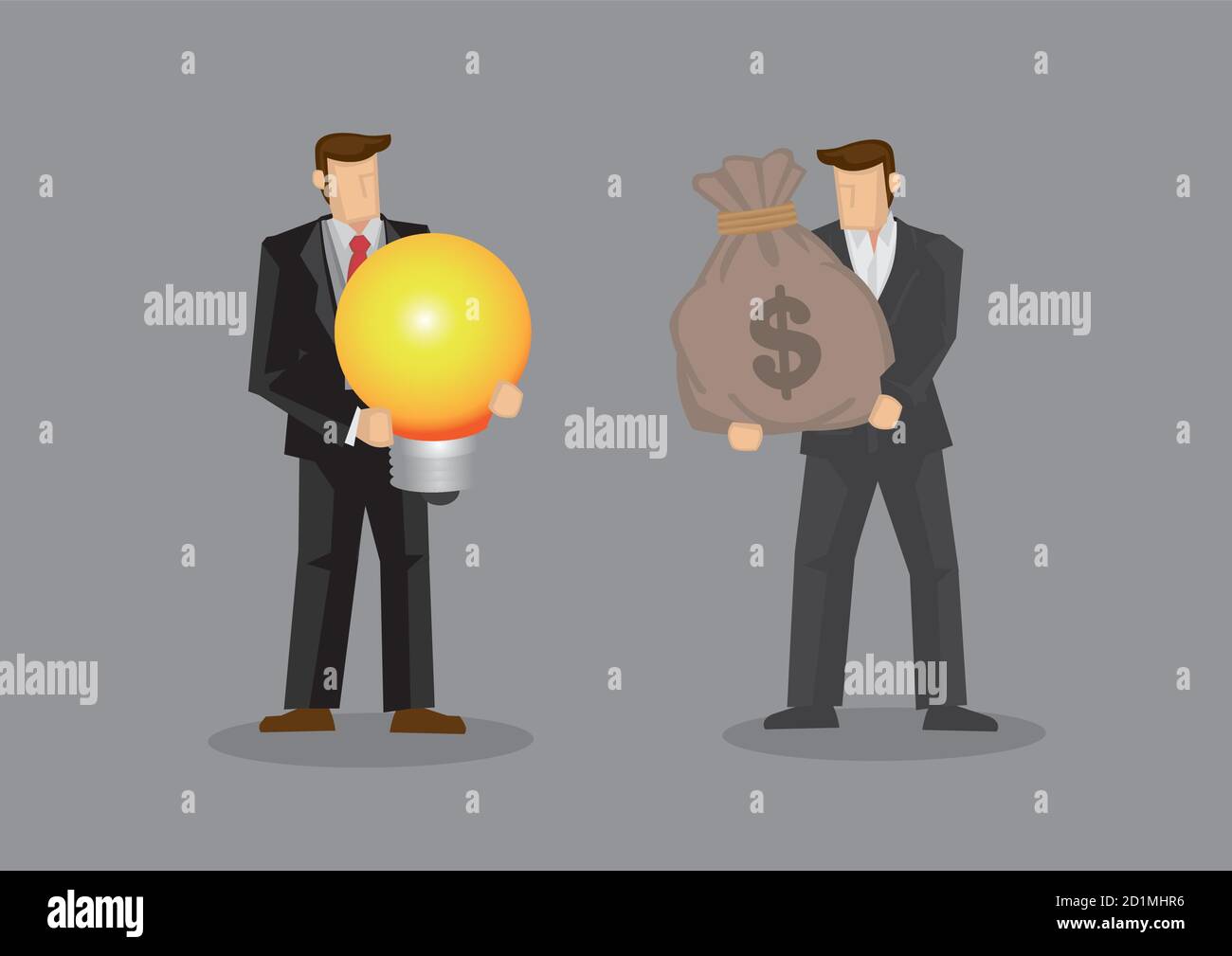 Businessmen using a bag of money to exchange a light bulb, metaphor for ...