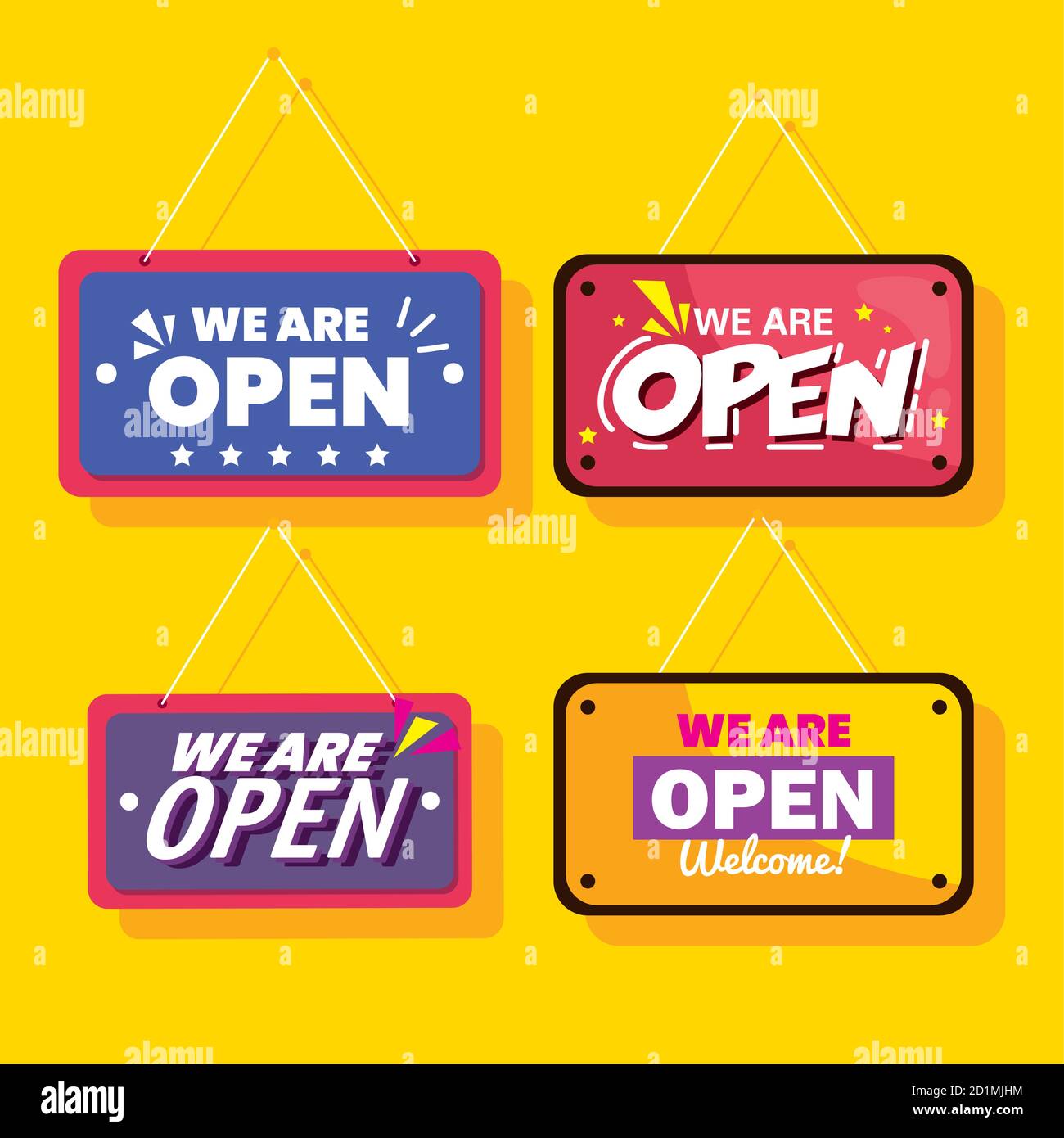 we are open, labels hanging on yellow background Stock Vector Image ...