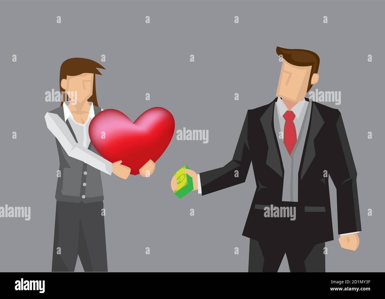 Cartoon woman handing out red heart shape to rich man in black suit ...