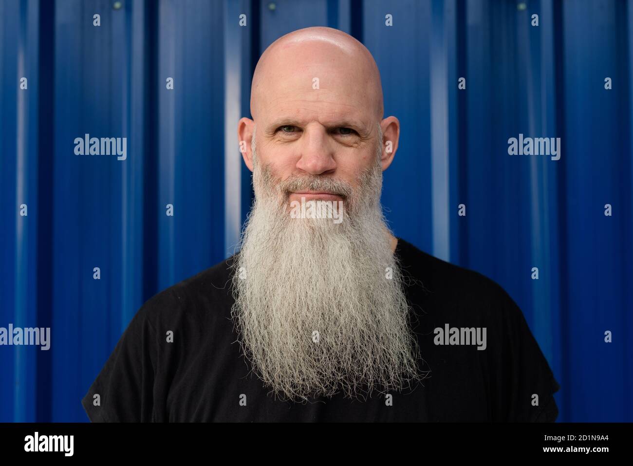 Mature handsome bald bearded man looking at camera against metal sheet ...