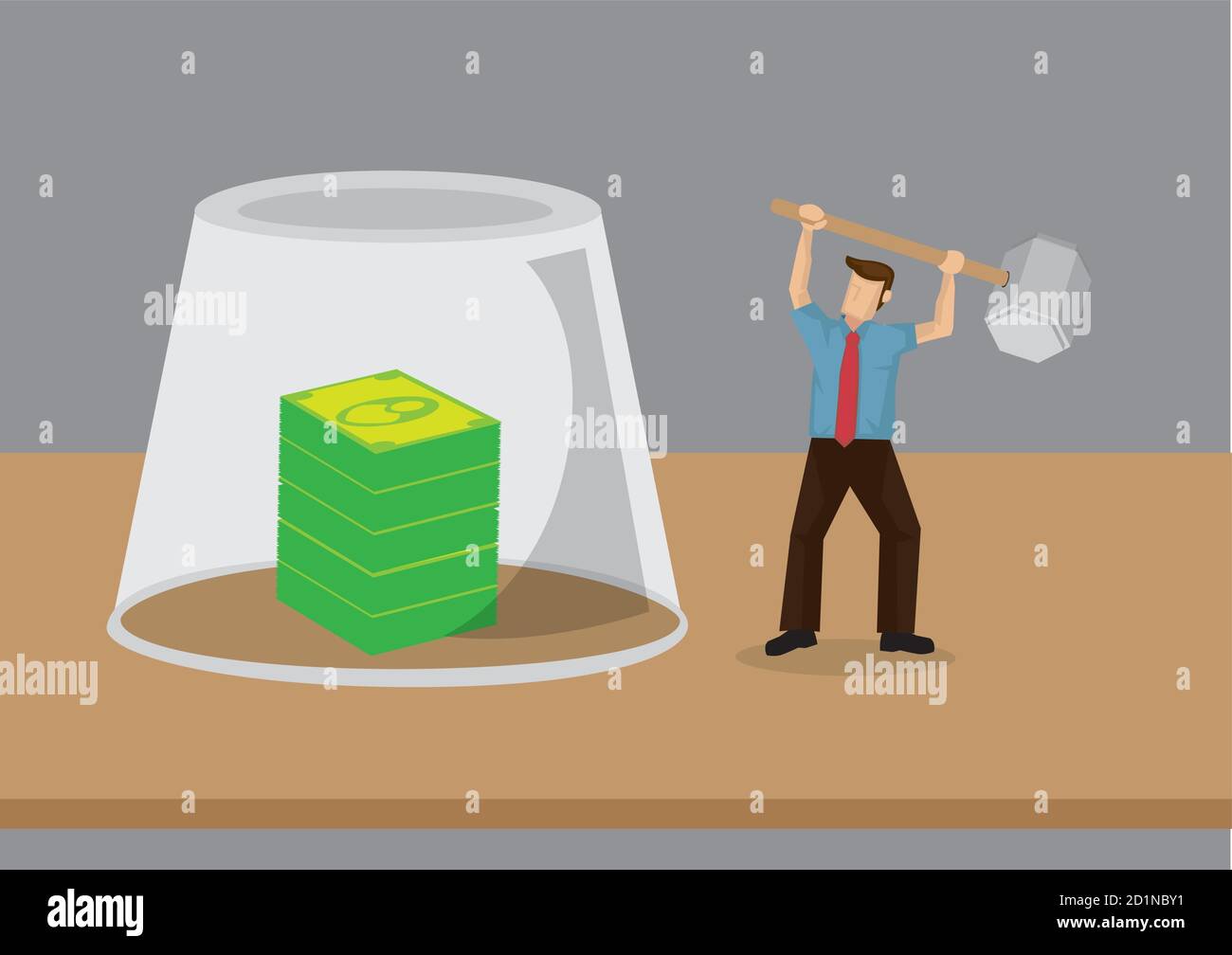 Vector illustration of a tiny cartoon man raising a mallet to break the ...