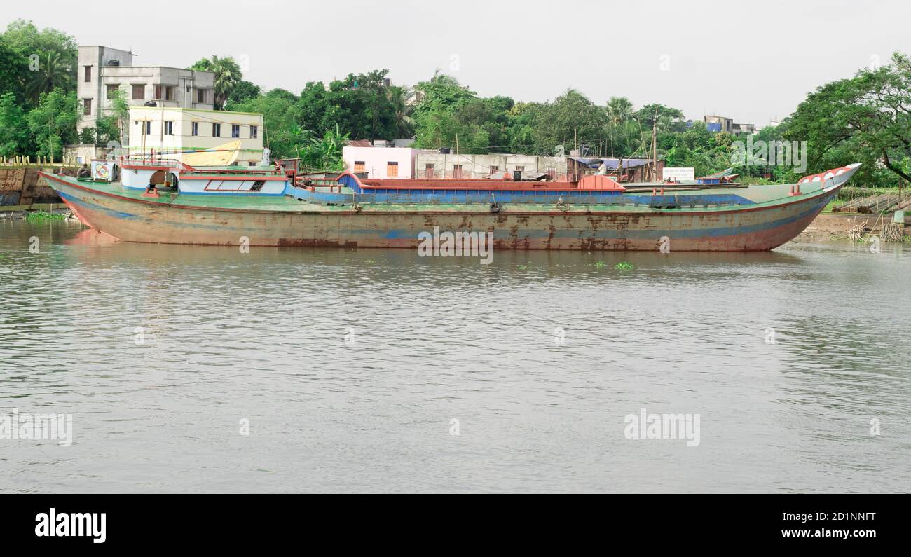 Sand carrying vessel boat on river Stock Photo - Alamy