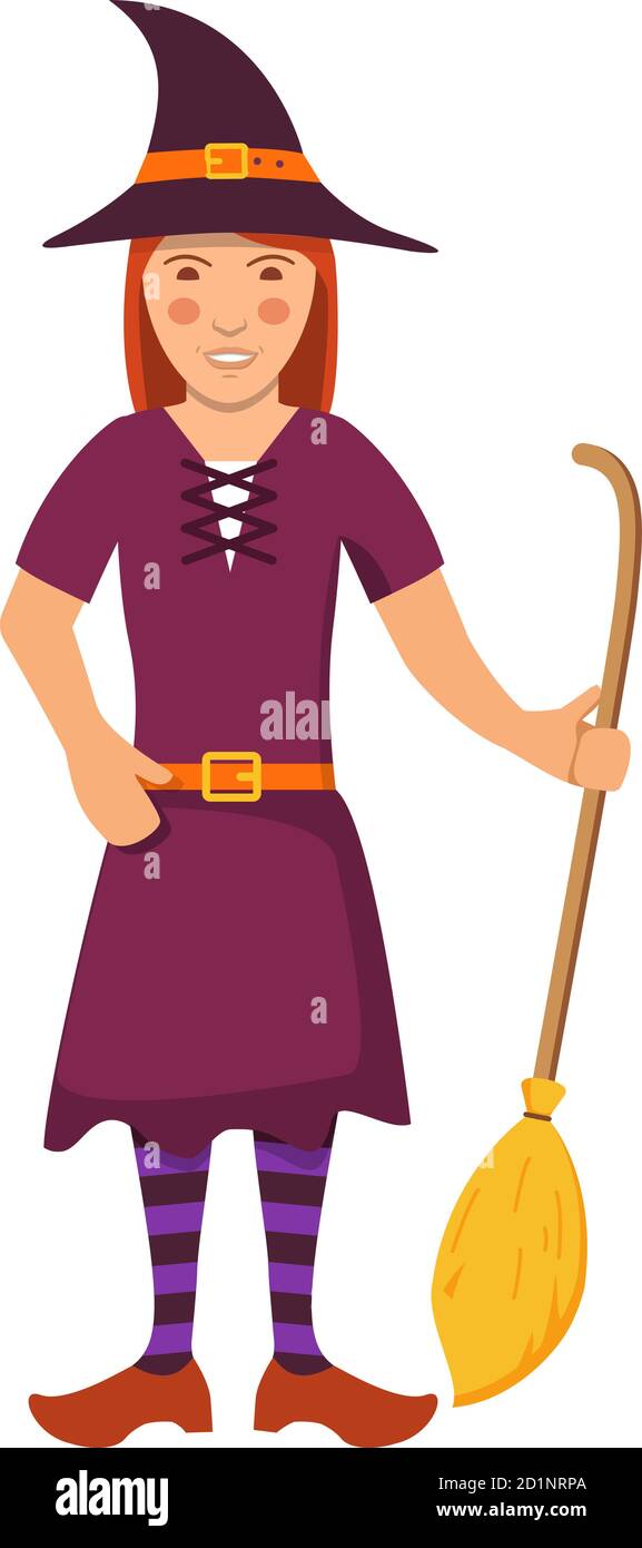 Witch broomstick icon. Holiday Halloween flat vector.The young woman in ...