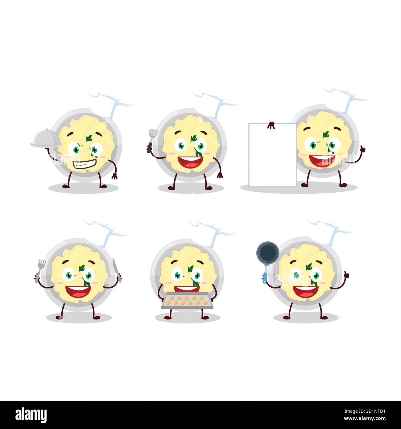 Cartoon character of mashed potatoes with various chef emoticons Stock ...