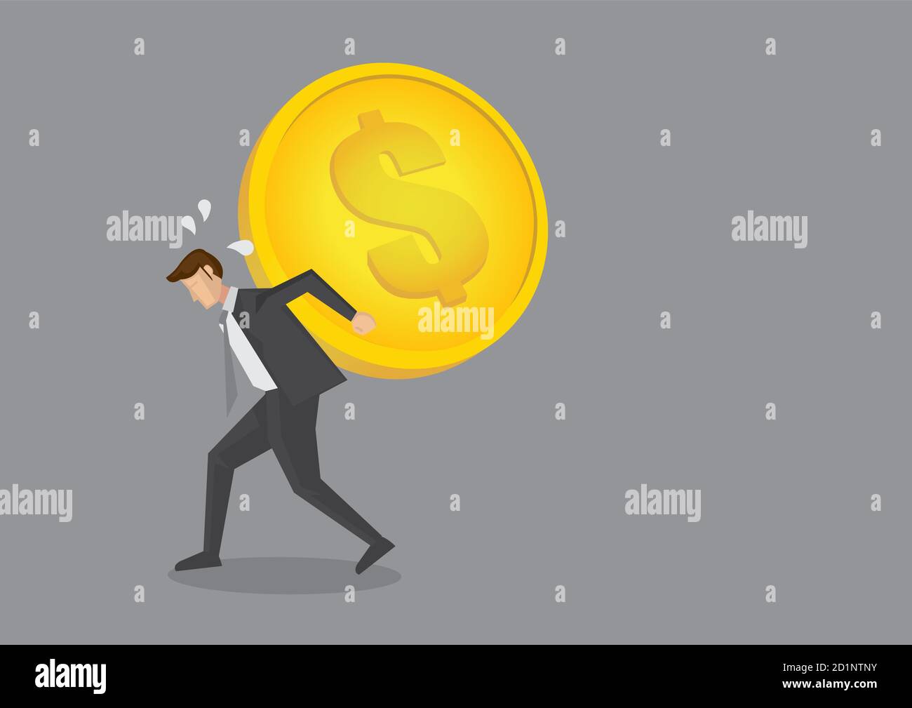 Cartoon businessman staggering and bending over with a huge heavy gold ...