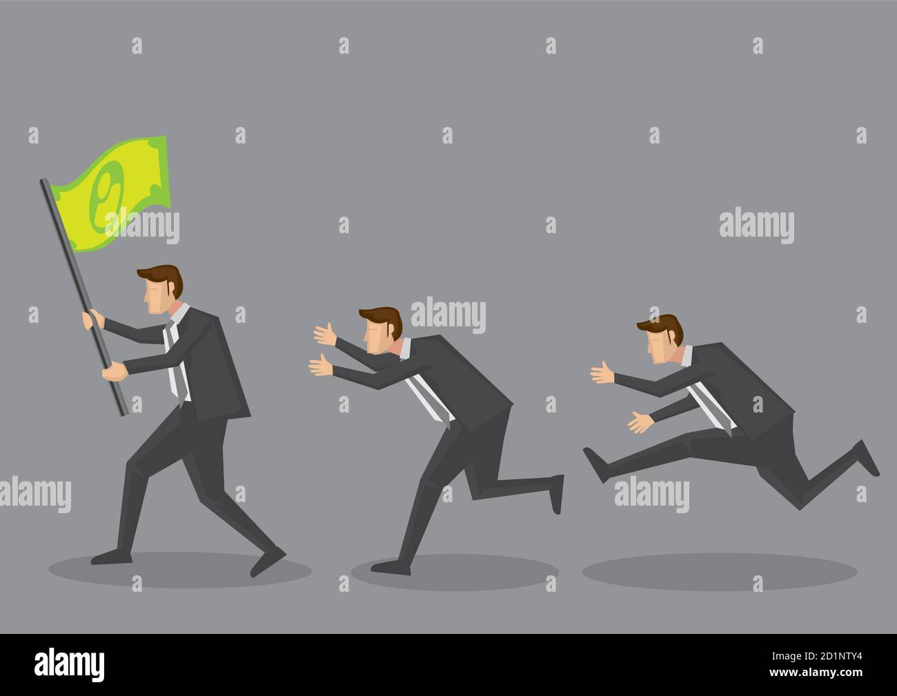 Followers running after cartoon businessman carrying a money flag ...