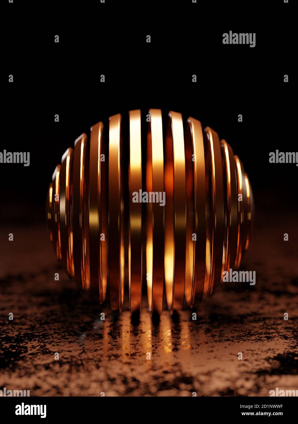 3d copper banded sphere on metallic floor against black background, 3d ...