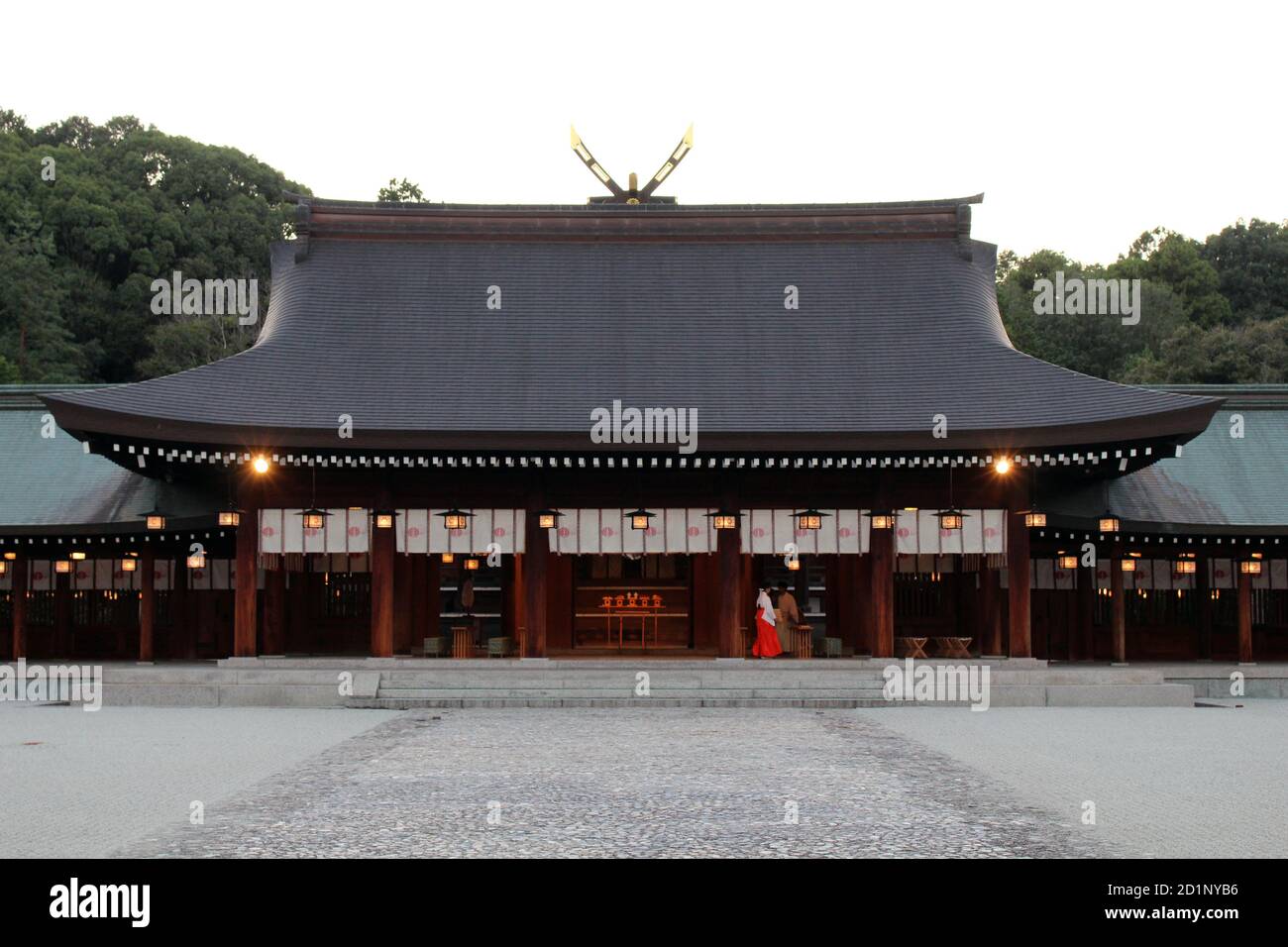 Miko or priestess of Kashihara Jingu Temple lighted by lanterns in Nara ...