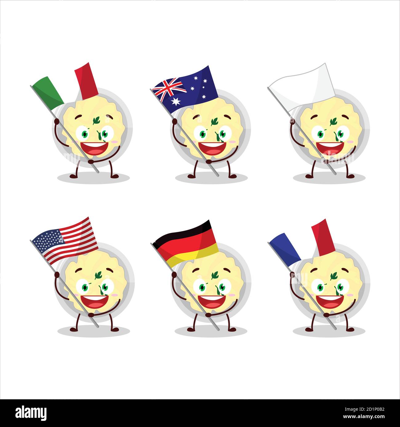 Mashed potatoes cartoon character bring the flags of various countries ...
