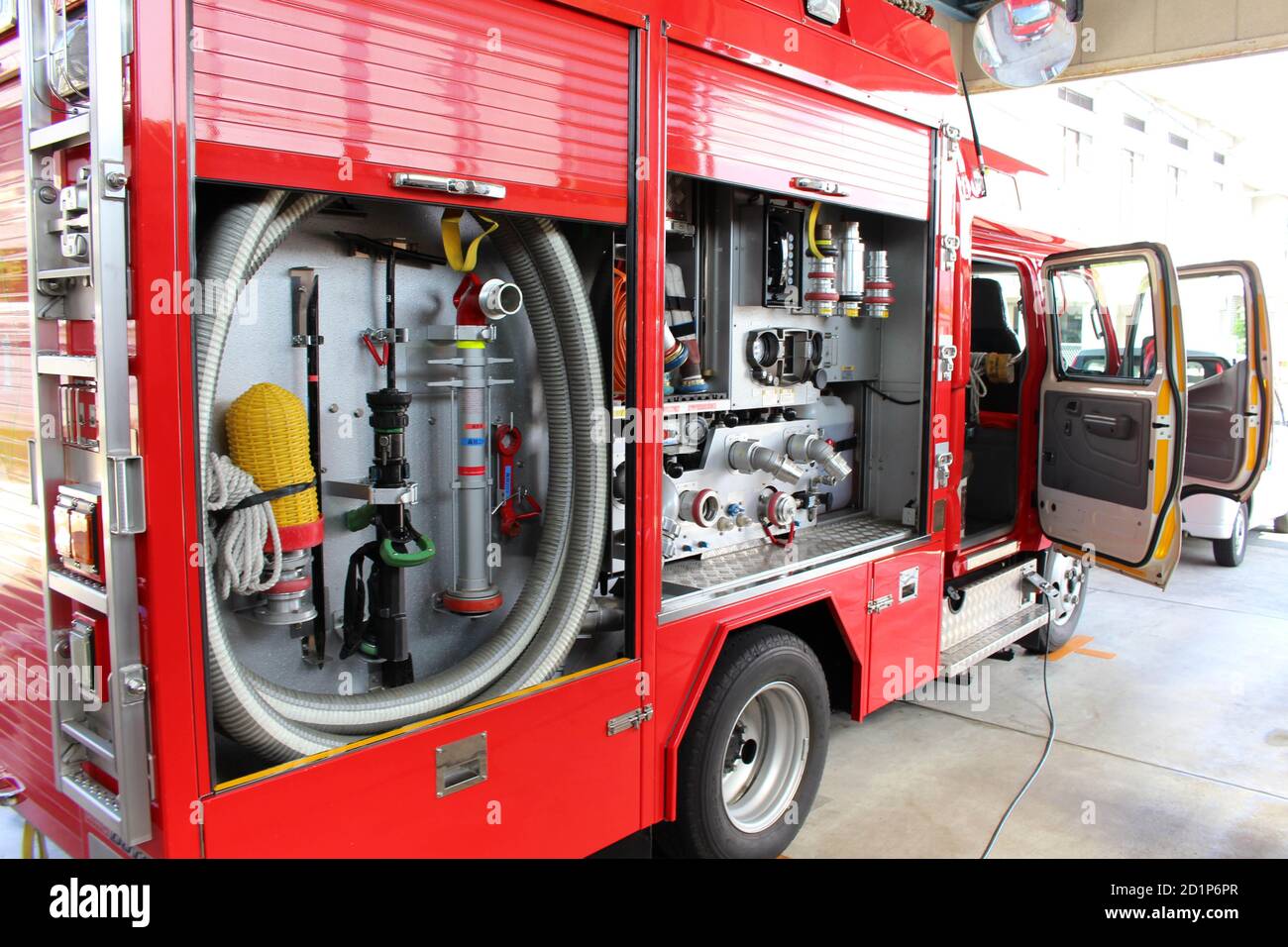 Equipments of Japanese firefighter in firetruck. Taken in September ...