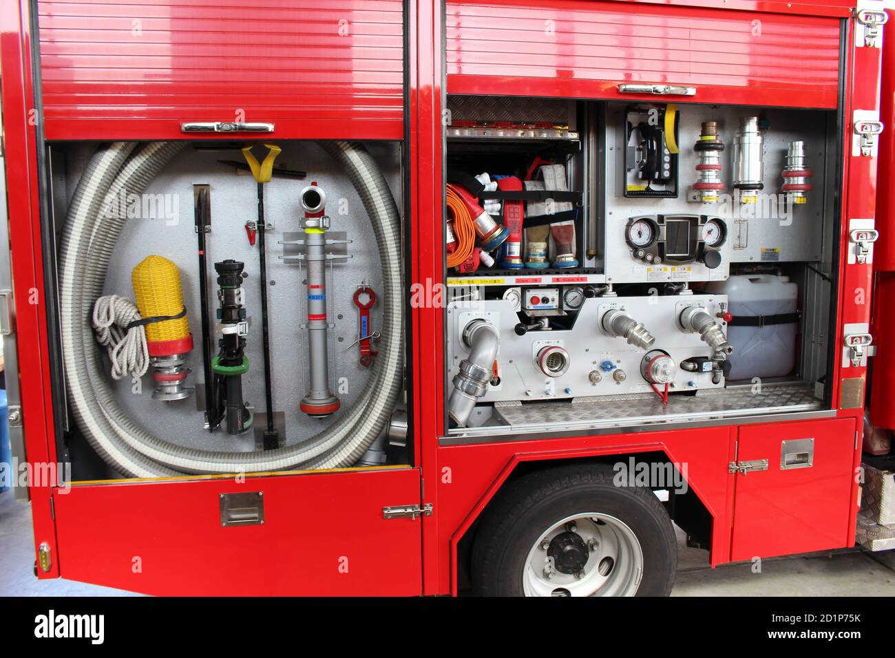 Equipments and tools of Japanese firefighter in firetruck. Taken in ...