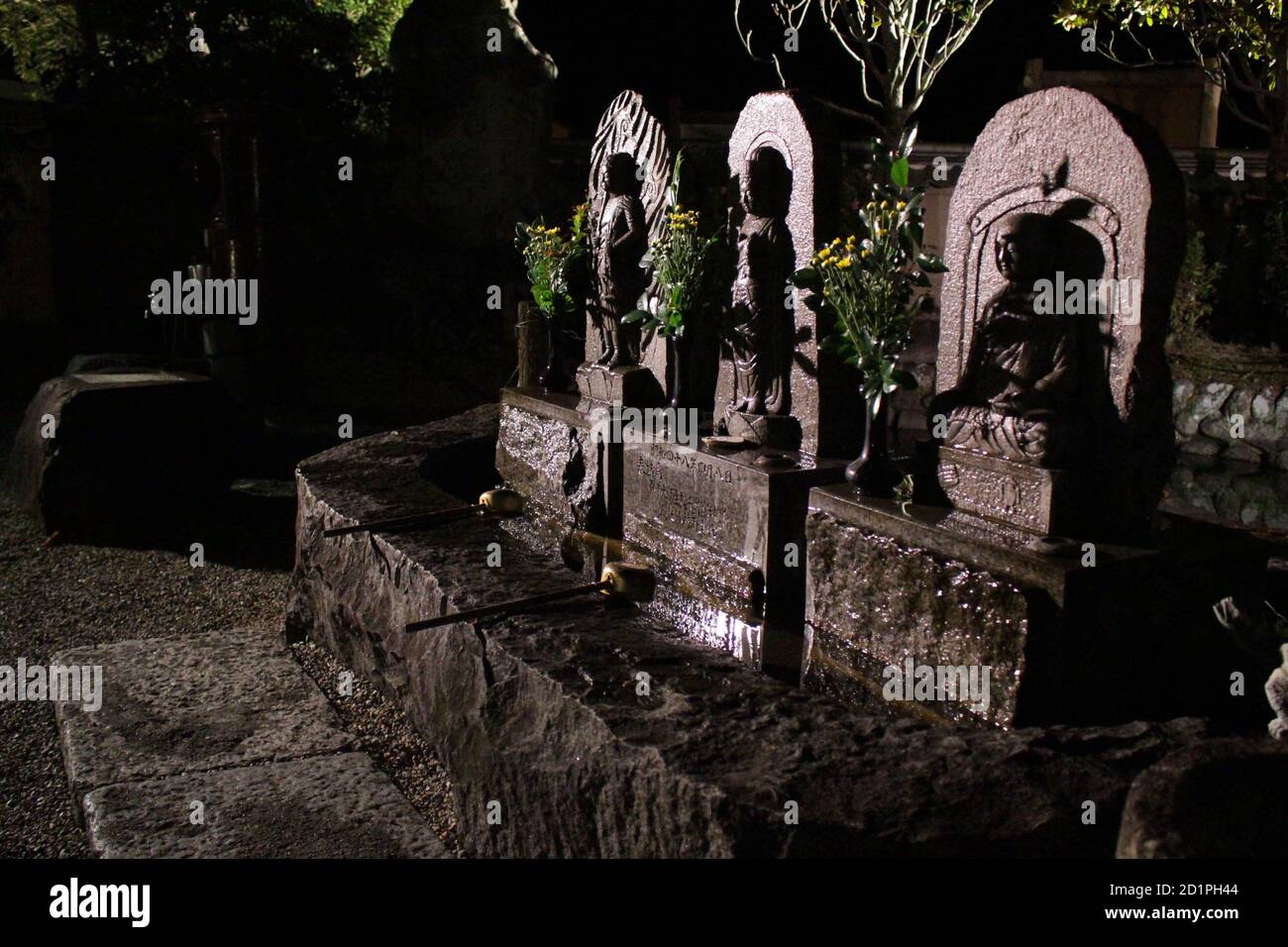 Holy statues at Buddhist Asukadera Temple in Asuka at night. Taken in ...