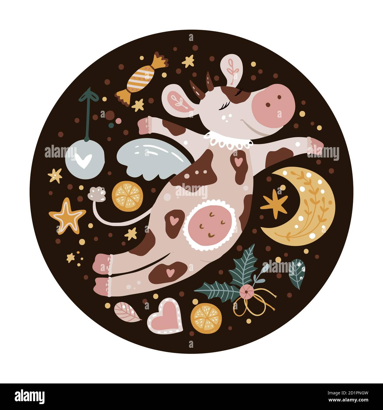 Christmas cute cartoon round cow vector illustration. Animal ornate ...