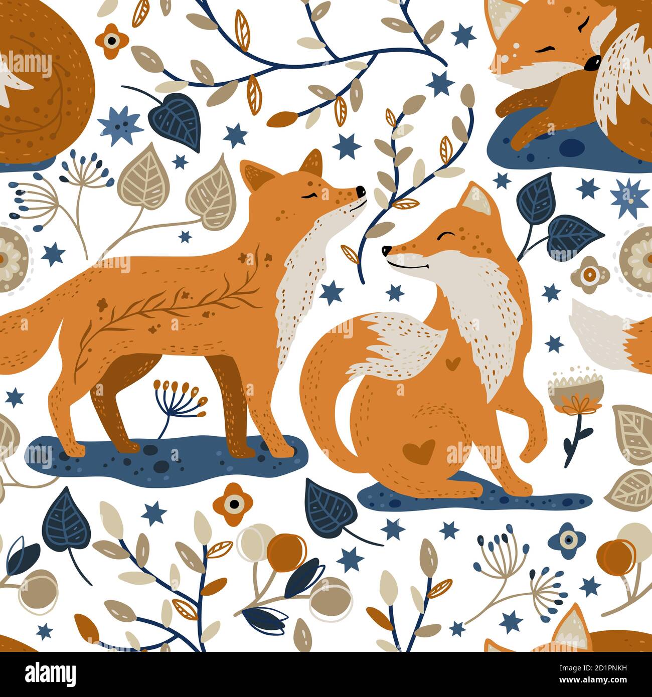 Nordic scandinavian fox couple in love animal seamless vector folk ...