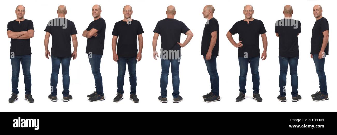 large group of same man vith front,side and back view on white ...