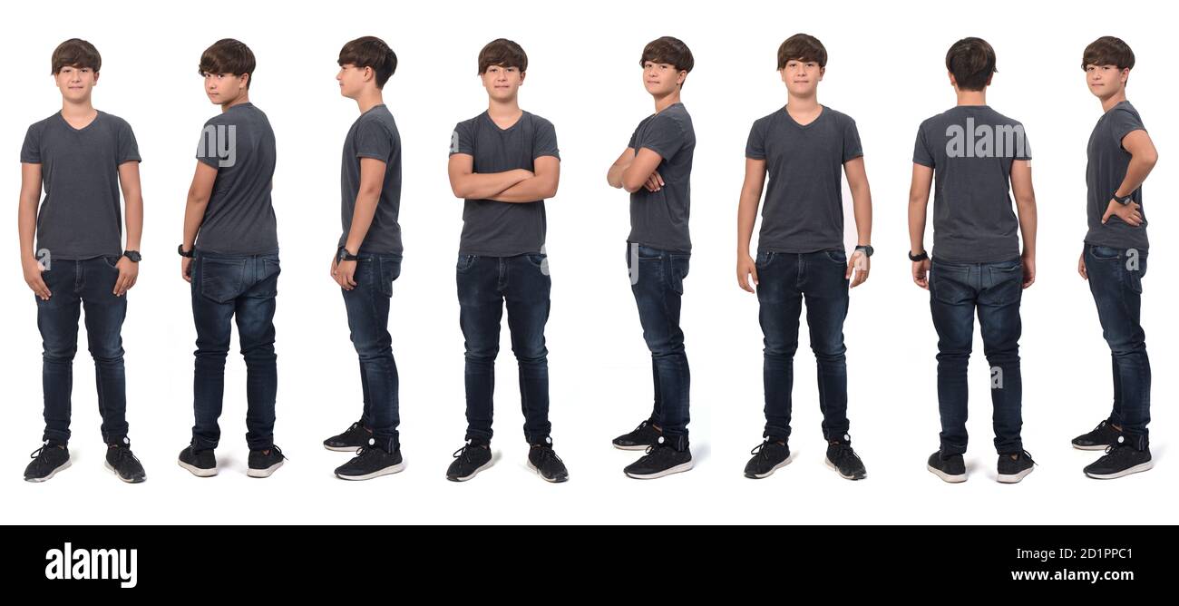 large group of same teenage boy with front,back and side view on white ...