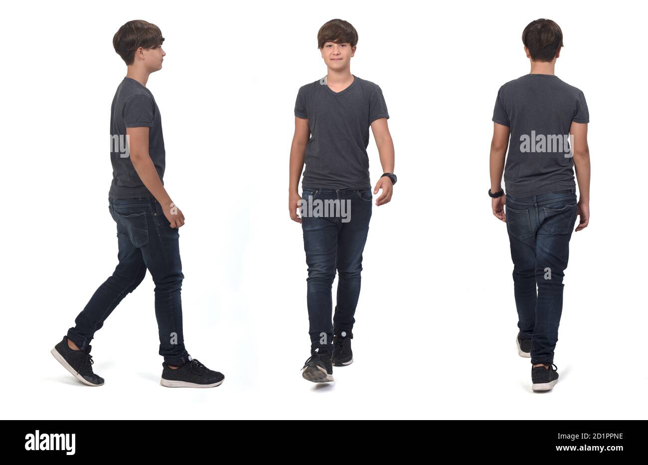 same teenager boy walking on white, front, side and back view Stock ...
