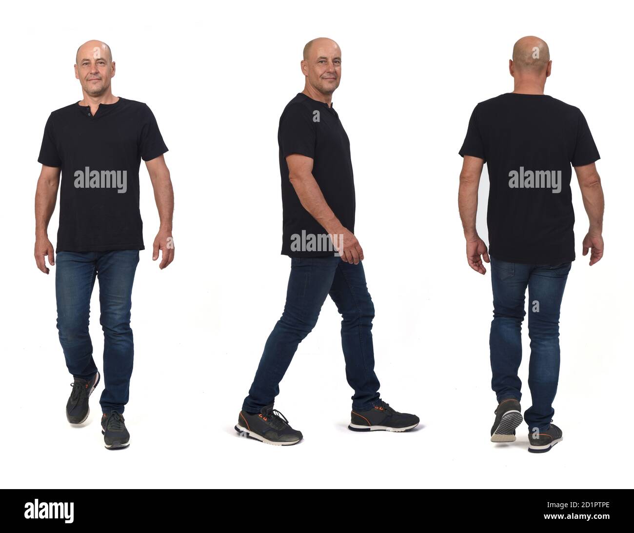 same man walking on white, front, back and side view Stock Photo - Alamy