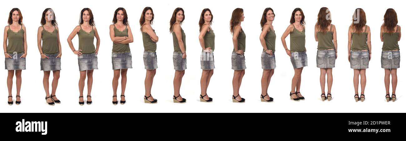 group of same woman wearing skirt with on white background, back,front ...