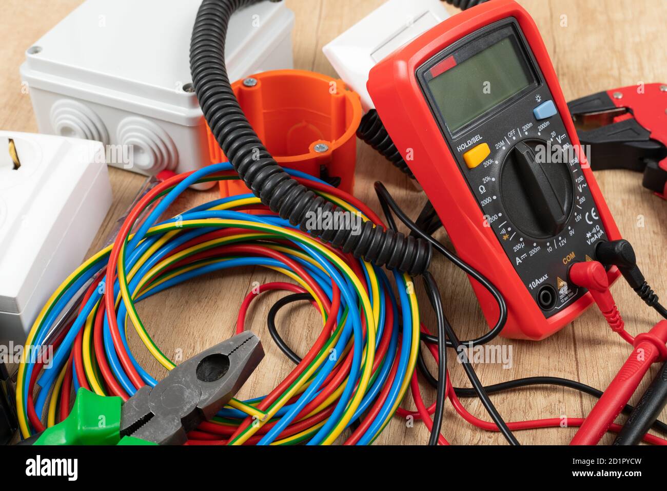 Tools for electrician needs: shocket multimeter, voltage testers, wire ...