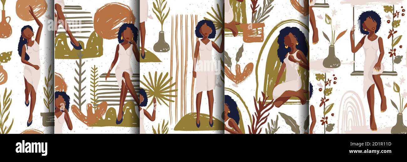 African American Pretty Girl Seamless Vector Pattern Set. Hand Drawn ...