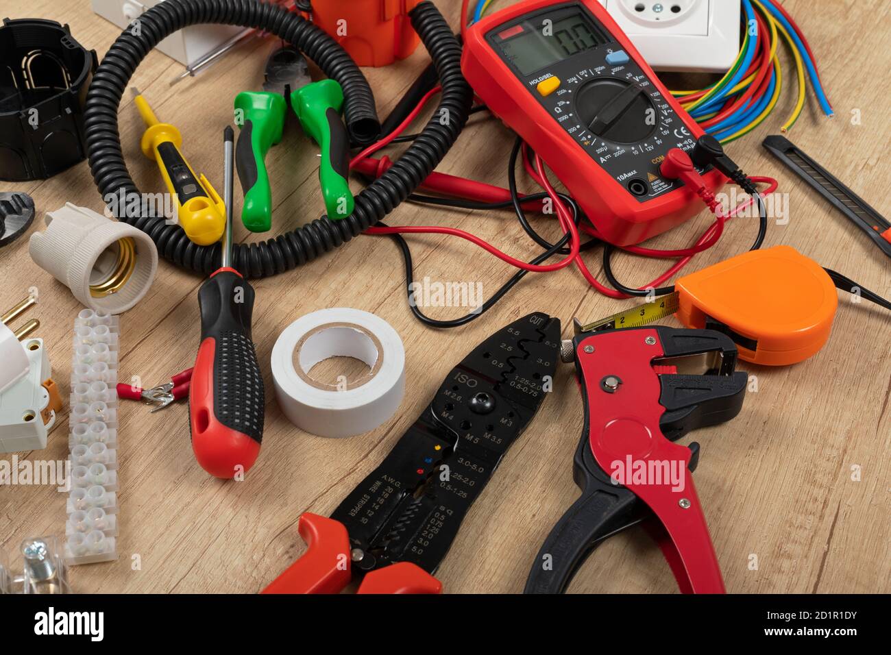 Tools for electrician needs: shocket multimeter, voltage testers, wire ...