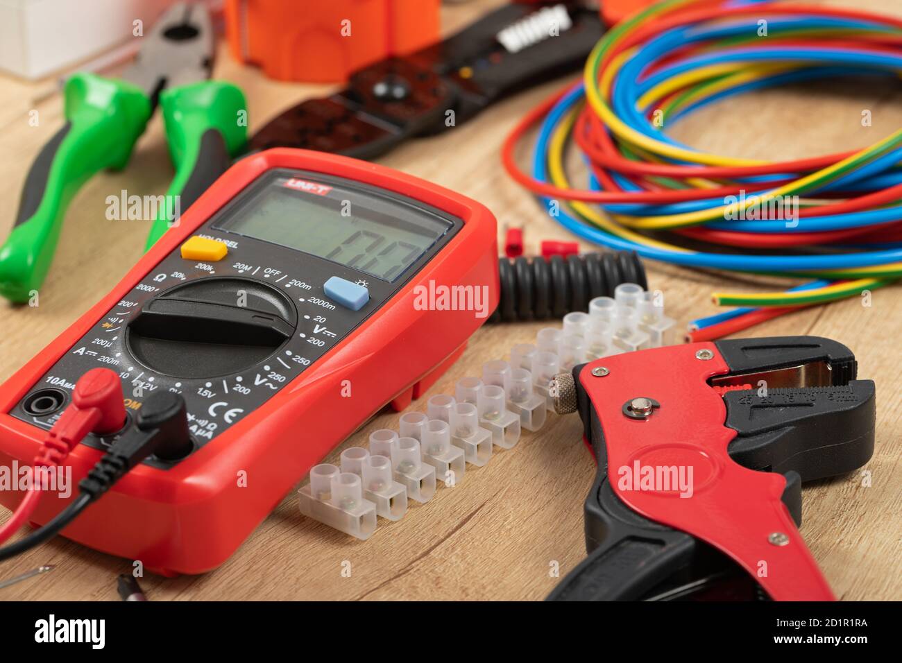 Tools for electrician needs: shocket multimeter, voltage testers, wire ...