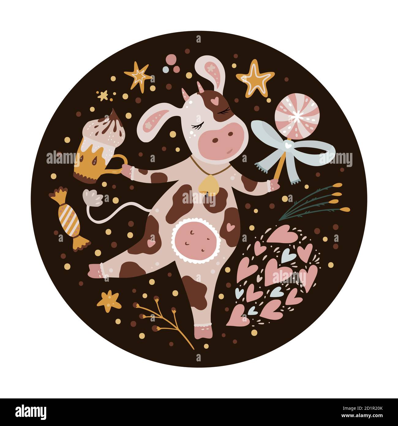 Christmas cute cartoon round cow with cocoa drink and candy. Vector ...