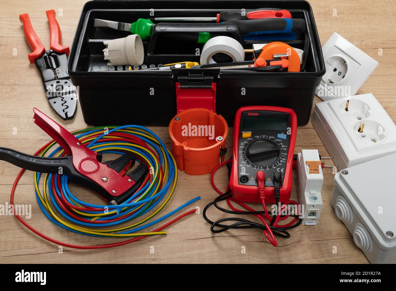 Tools for electrician needs: shocket multimeter, voltage testers, wire ...