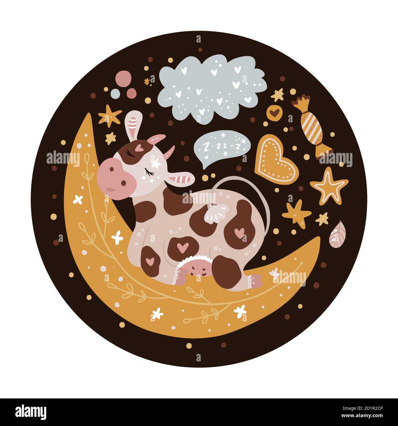 Christmas cute cartoon round cow vector illustration. Animal ornate ...